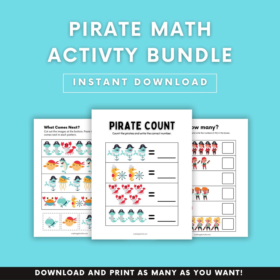 Pirate Math Activity Bundle for Kids, Printable Preschool Worksheets ...