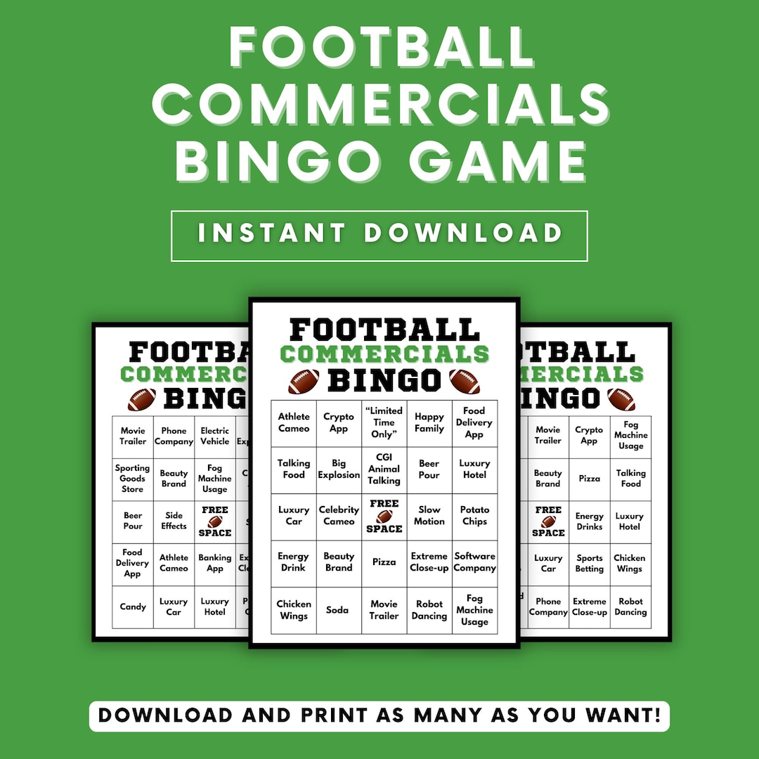 Football Commercials Bingo | Big Game Party, 30 Printable Cards ...