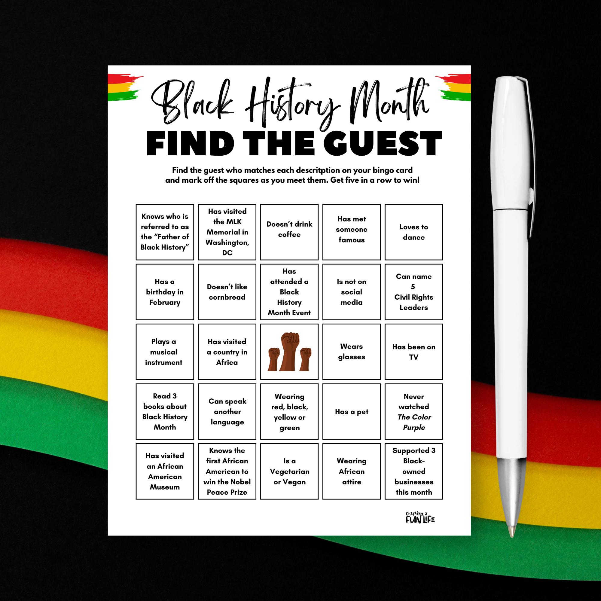 Black History Month Find the Guest Bingo Game, Printable Black History ...
