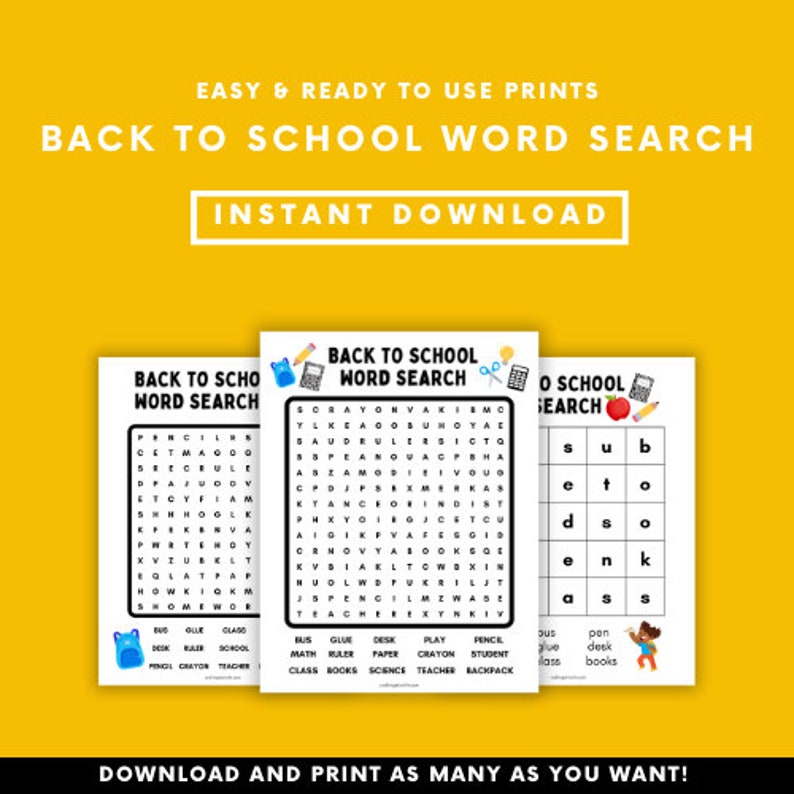 Back to School Word Search, Word Search Printable, Kids Activity Sheets ...