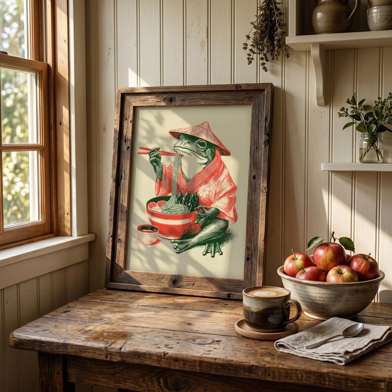 Frog Eating Ramen Print, Japanese Noodle Art, Vintage Style Kitchen ...