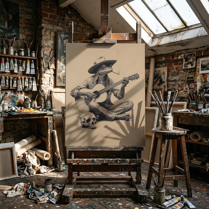 Cowboy Frog Playing Guitar Print, Surreal Animal Art, Man Cave Wall ...