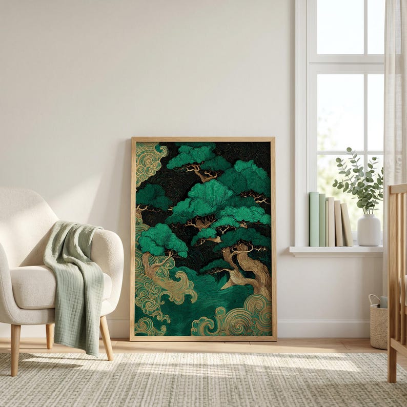 Japanese Forest Print: Emerald Green Bonsai Ukiyo E Style Wall Art ...