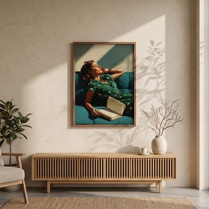 Mid Century Woman Reading Art Print, Retro Book Lover Gift, Lady Poster ...