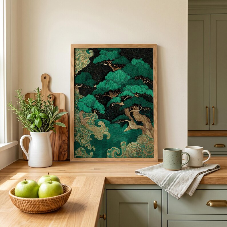 Japanese Forest Print: Emerald Green Bonsai Ukiyo E Style Wall Art ...