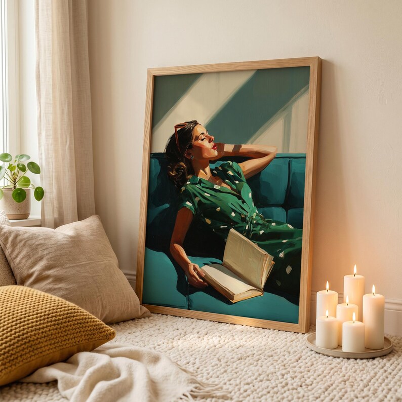 Mid Century Woman Reading Art Print, Retro Book Lover Gift, Lady Poster ...