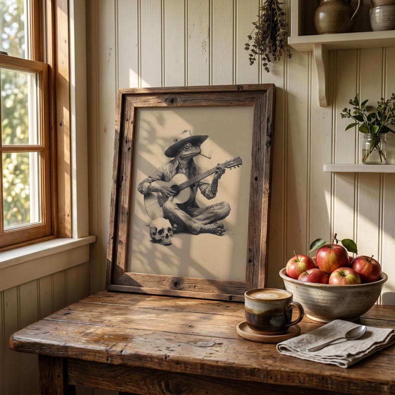 Cowboy Frog Playing Guitar Print, Surreal Animal Art, Man Cave Wall ...