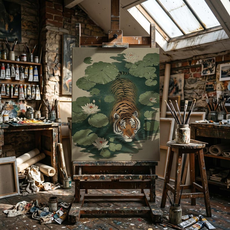 Tiger Lotus Pond Print – Japanese Ukiyo-e Style Serene Nature Wall Art ...