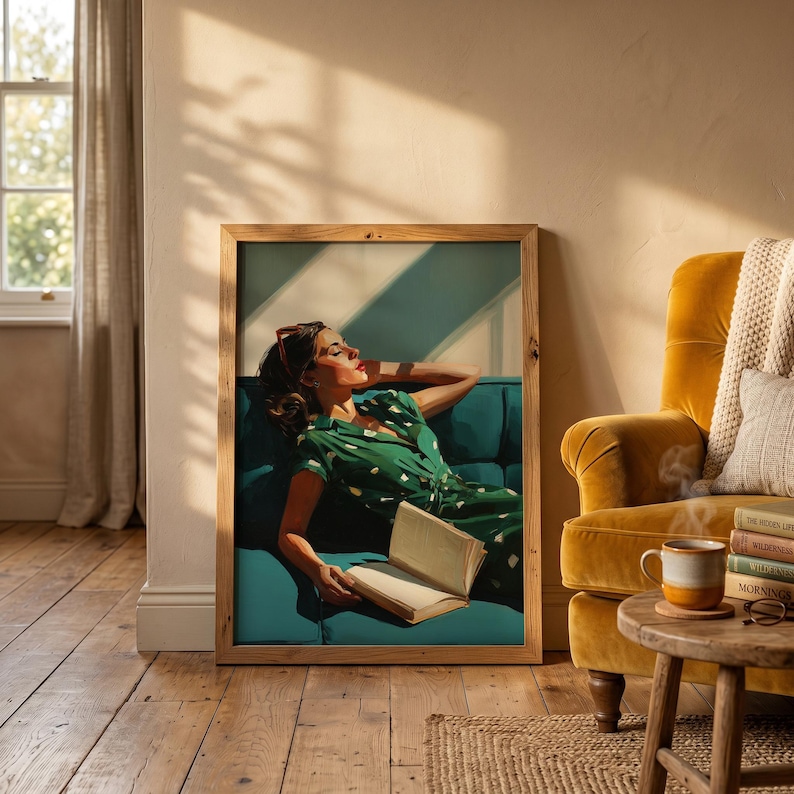Mid Century Woman Reading Art Print, Retro Book Lover Gift, Lady Poster ...