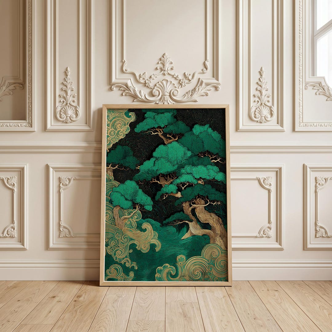 Japanese Forest Print: Emerald Green Bonsai Ukiyo E Style Wall Art ...