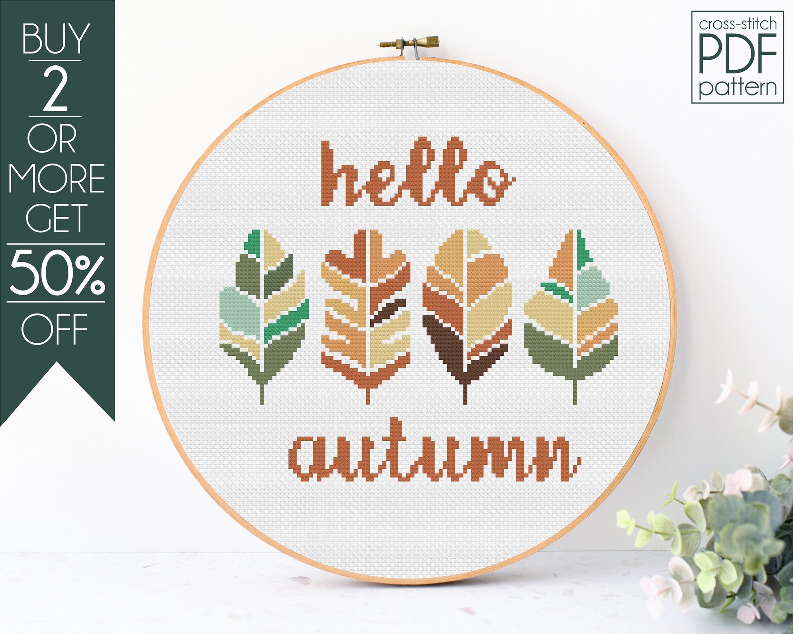 Hello Autumn Cross Stitch Pattern PDF, Autumn Leaves Cross Stitch, Fall ...