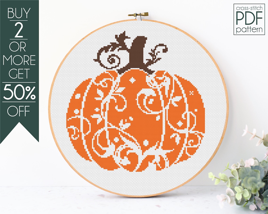 Pumpkin Cross Stitch Pattern PDF, Fall Cross Stitch, Swirly Pumpkin ...