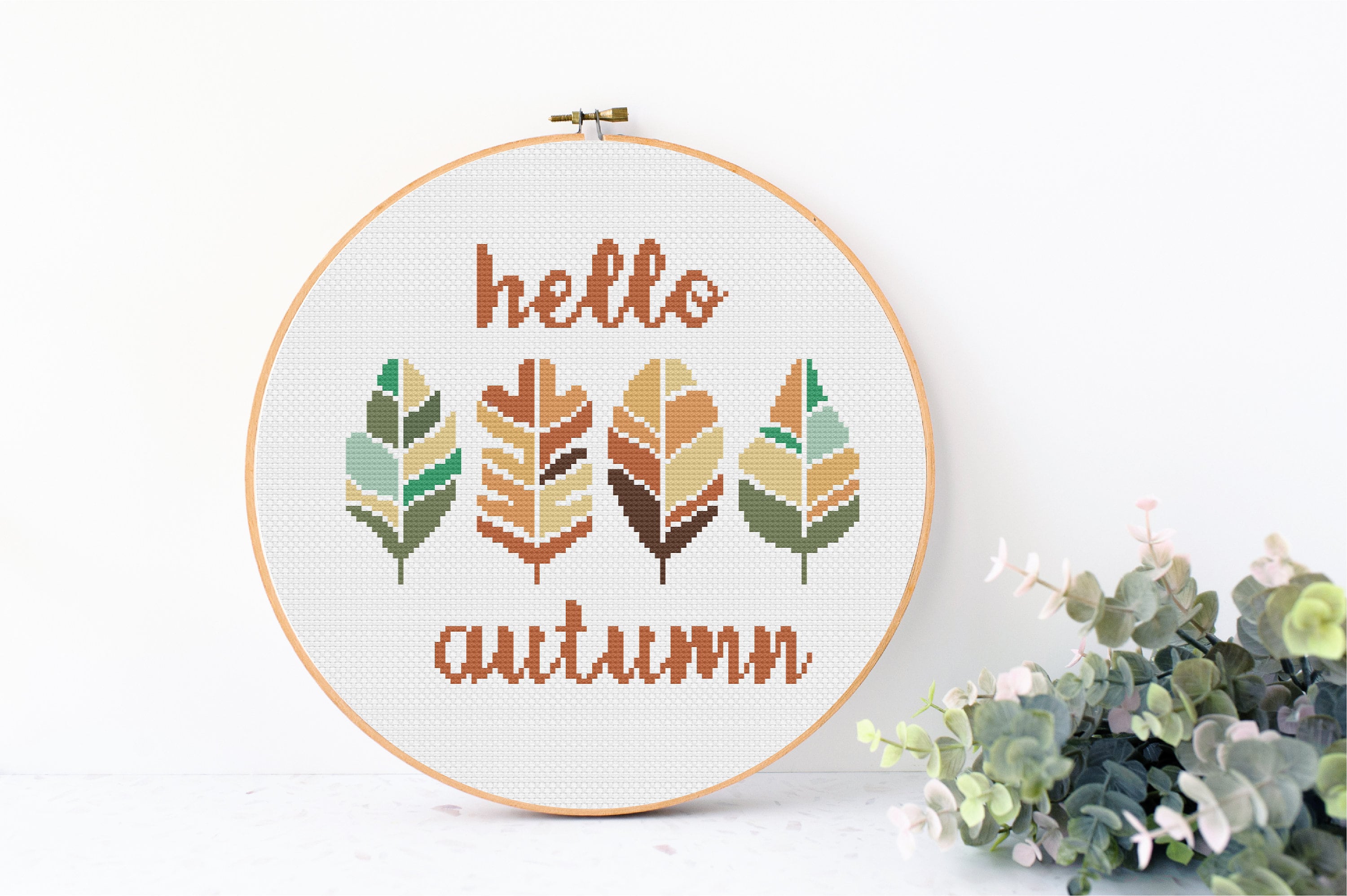 Hello Autumn Cross Stitch Pattern PDF Autumn Leaves Cross - Etsy