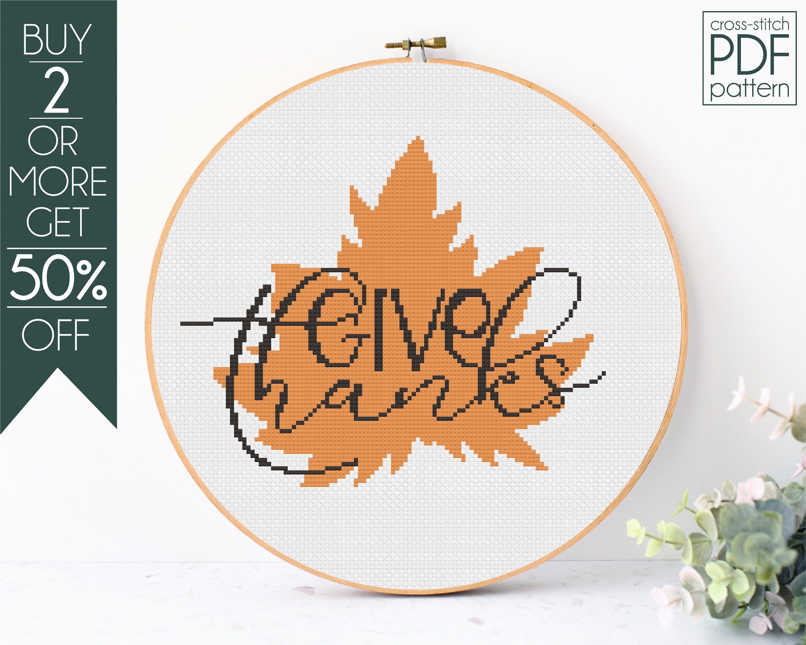 Give Thanks Cross Stitch Pattern PDF, Fall Leaves Cross Stitch ...