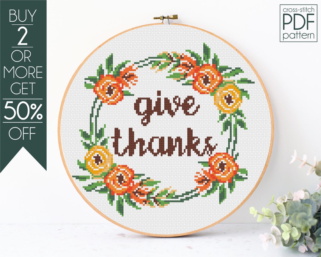 Give Thanks Cross Stitch Pattern, Thanksgiving Cross Stitch PDF, Modern ...