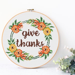 Give Thanks Cross Stitch Pattern, Thanksgiving Cross Stitch PDF, Modern ...