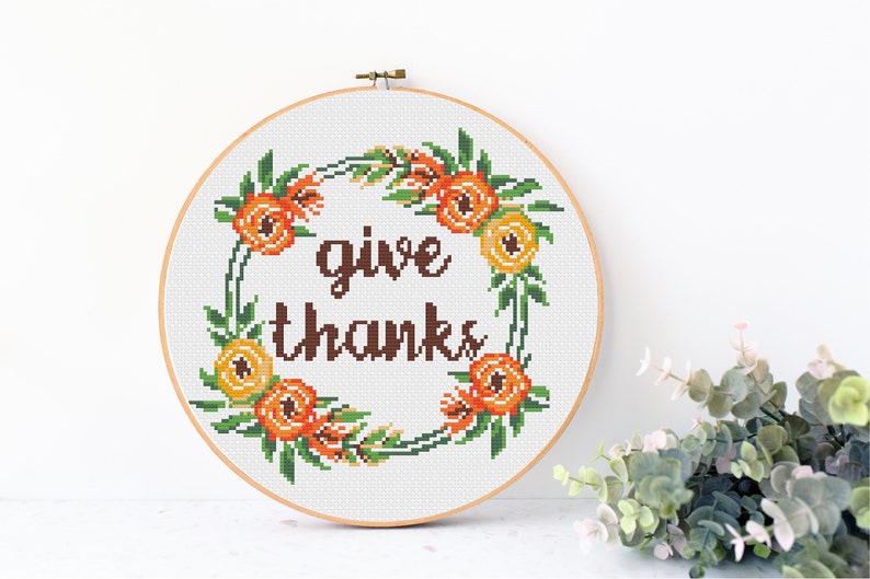 Give Thanks Cross Stitch Pattern, Thanksgiving Cross Stitch PDF, Modern ...