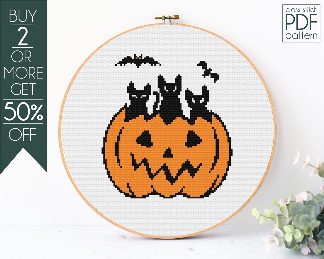 Pumpkin Cross Stitch Pattern PDF, Black Cat Embroidery Pattern, Witchy, Cat Mom, Funny Halloween ...