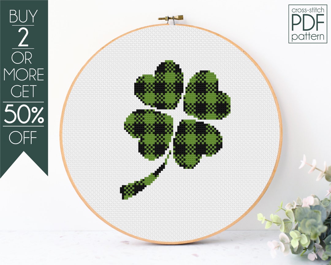 Clover Cross Stitch Pattern PDF, St Patricks Shamrock, Buffalo Plaid ...