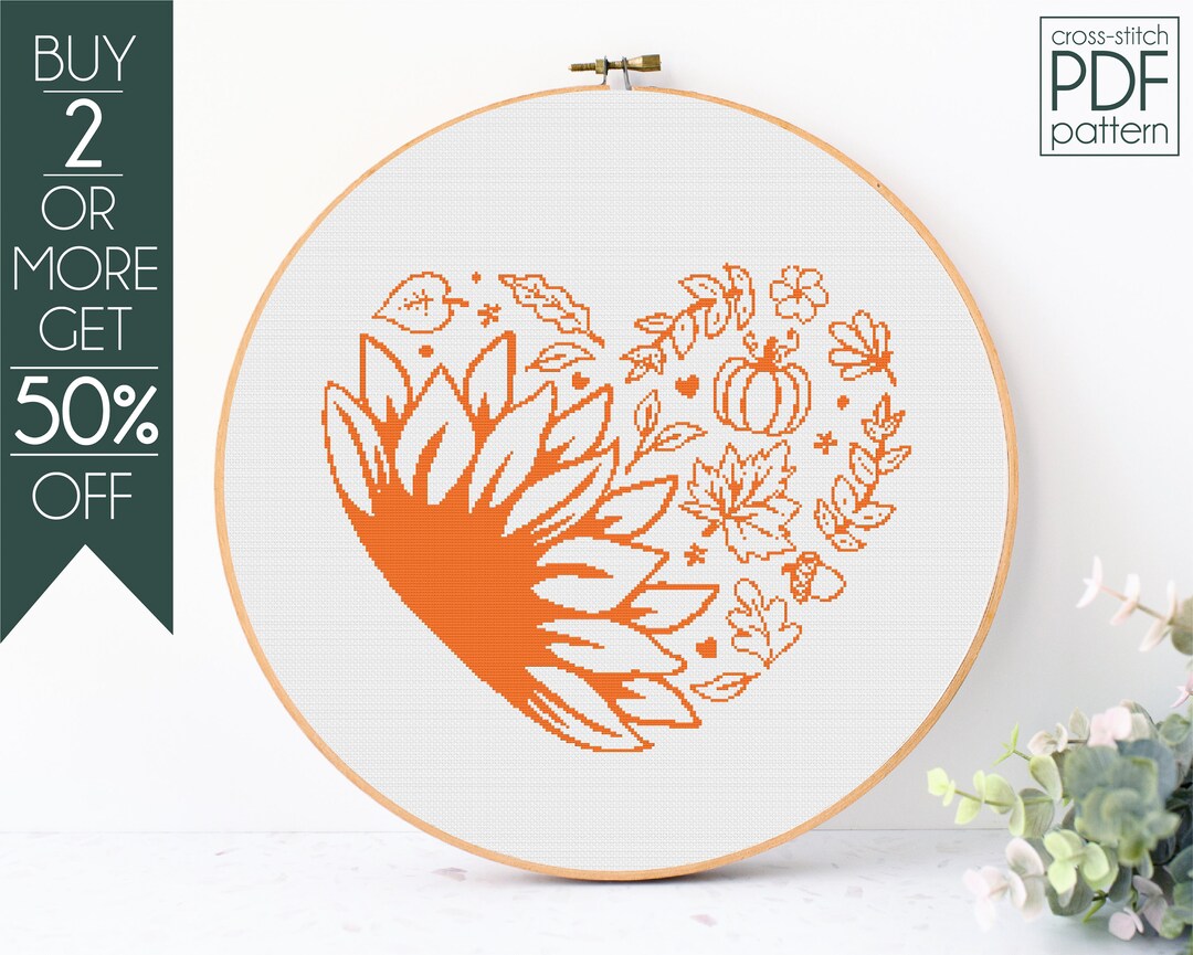 Fall Leaves Heart Cross Stitch Pattern PDF, Sunflower Embroidery ...