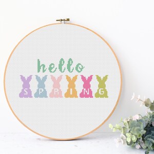 Hello Spring Cross Stitch Pattern PDF, Bunny Embroidery Pattern, Happy Easter, Cute Bunny ...