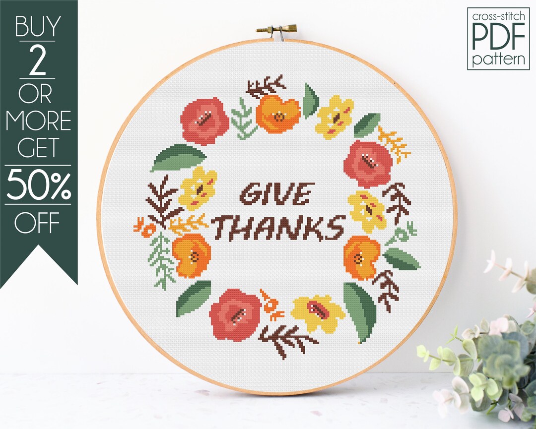 Give Thanks Cross Stitch Pattern PDF, Thanksgiving Embroidery Pattern ...