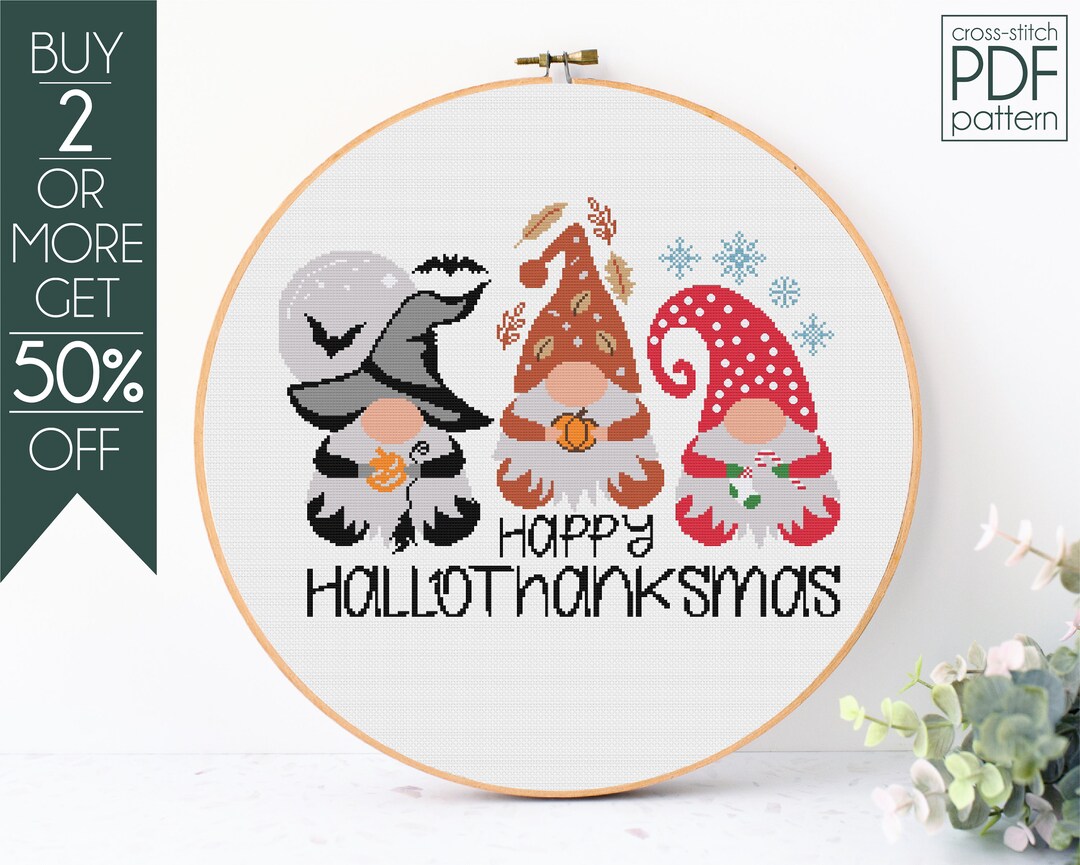 Happy Hallothanksmas Cross Stitch Pattern PDF, Gnome Embroidery Pattern ...