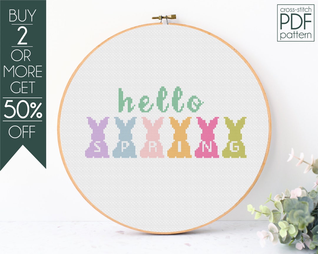 Hello Spring Cross Stitch Pattern PDF, Bunny Embroidery Pattern, Happy Easter, Cute Bunny ...