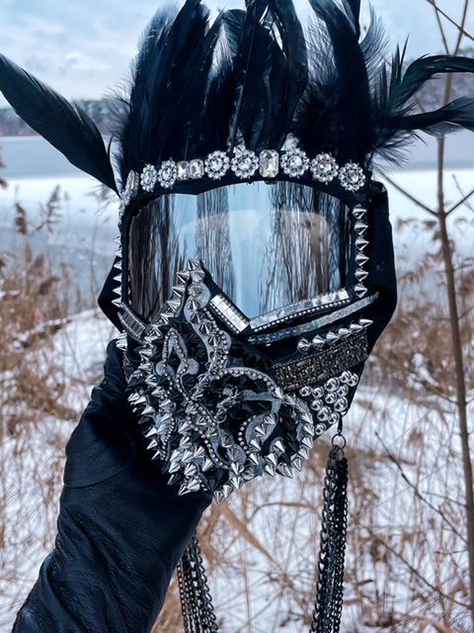 Ski Mask Black Silver Decorative Art Mask With Feathers and Chains - Etsy