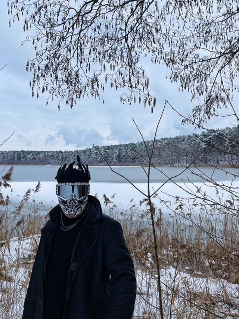 Ski Mask Black Silver Decorative Art Mask With Feathers and Chains - Etsy