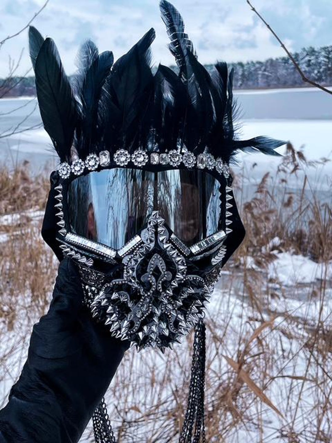 Ski Mask Black Silver Decorative Art Mask With Feathers and Chains - Etsy