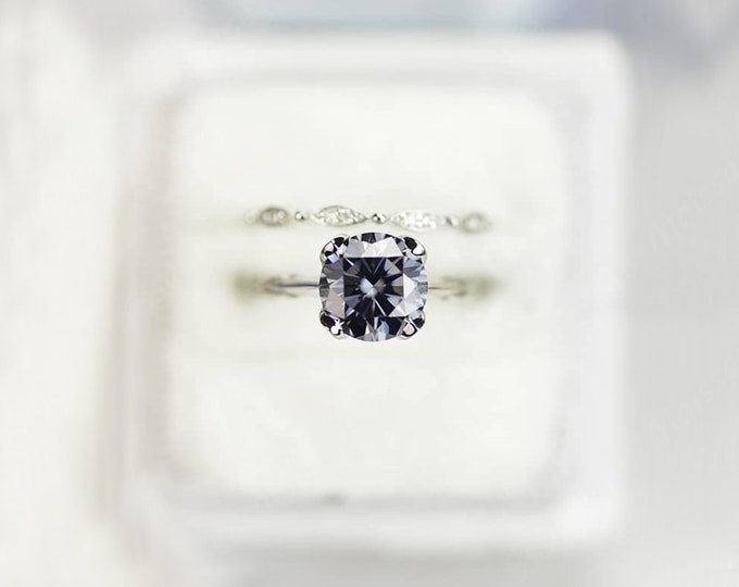 2 Carat Dark GRAY BLUE MOISSANITE Engagement Eternity Gold Rings Set ...