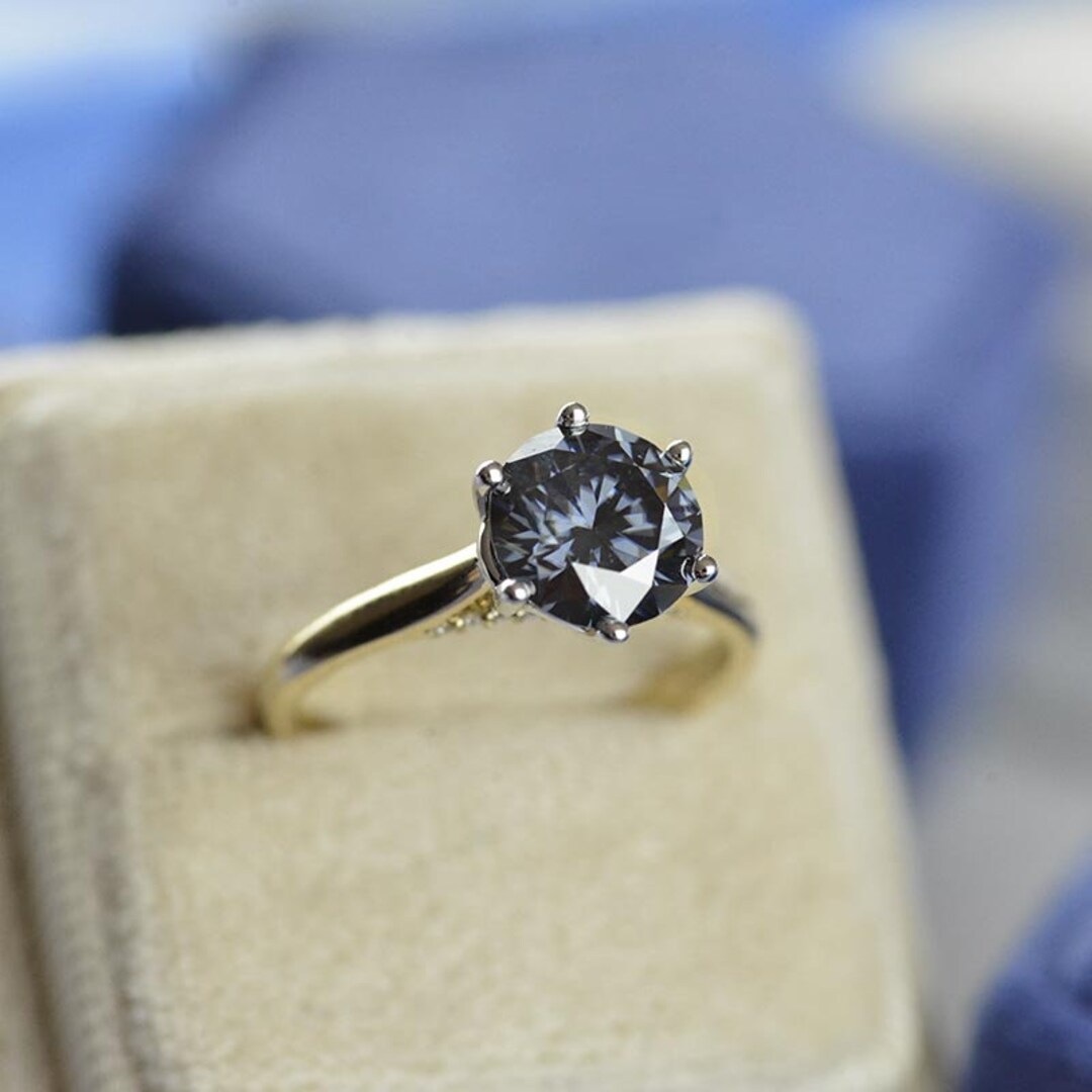 3 Carat Dark Gray-blue Moissanite Engagement Ring: Six Prong Gold Ring ...