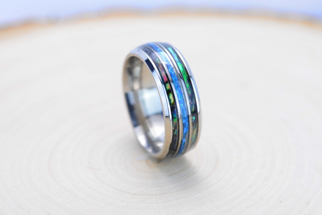 Abalone Shell and Fire Opal Men's Stainless Steel Ring. Blue Shell Ring ...