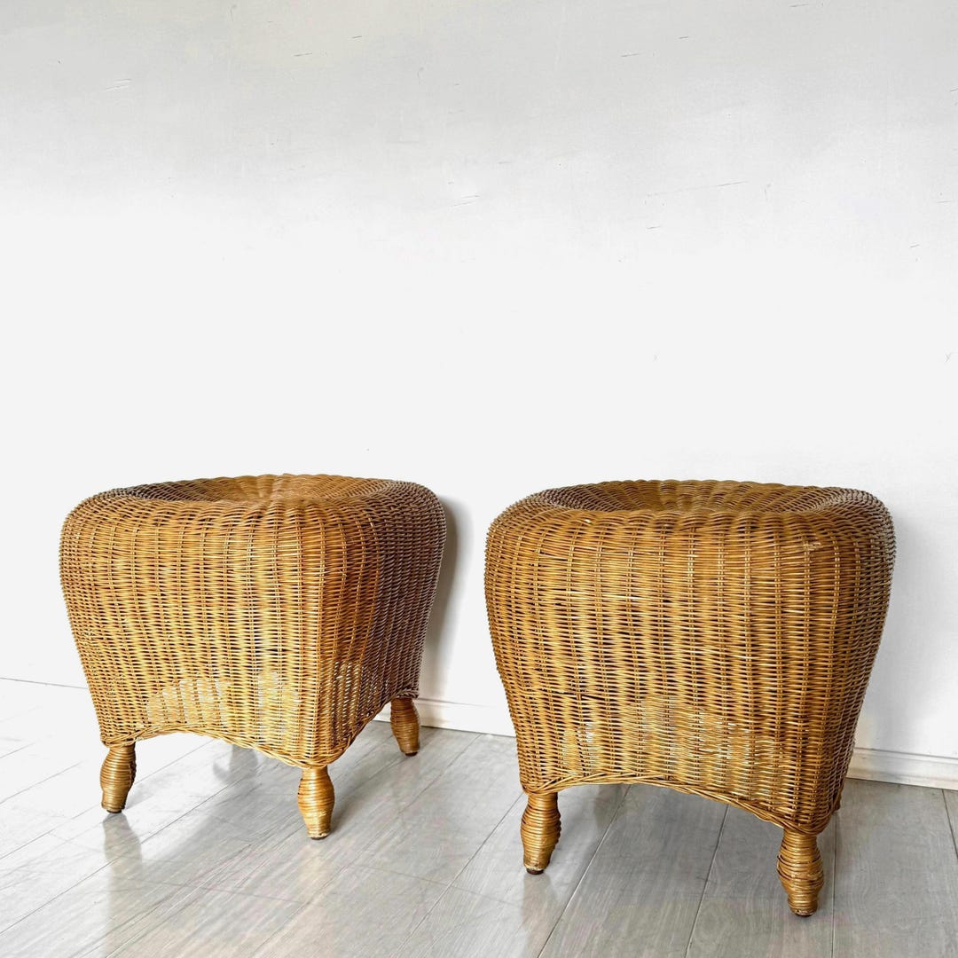 MCM Pair of Wicker Woven Stools or Ottomans Mid Century Modern Boho ...