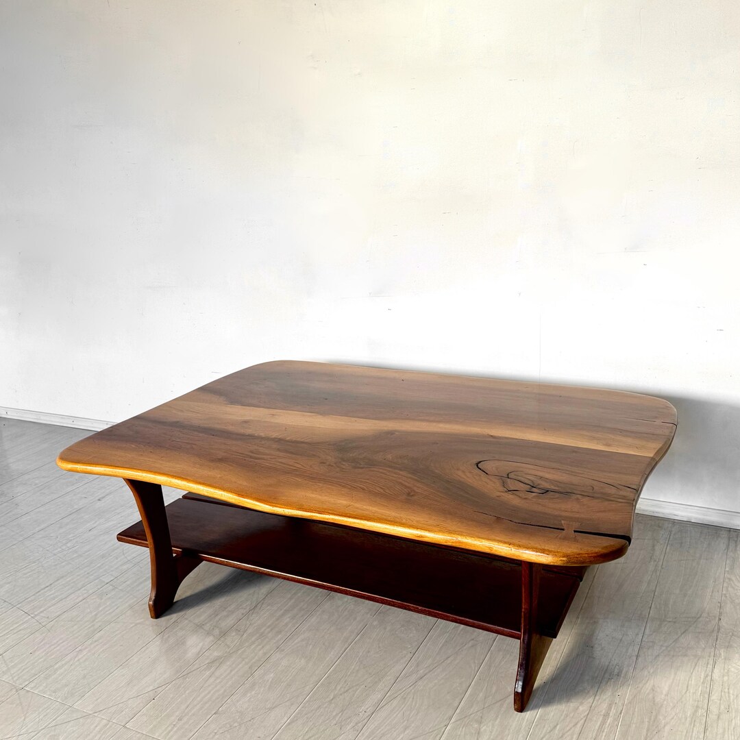 MCM Abstract Solid Walnut Slab Bowtie Inlay Coffee Table (in the Style ...