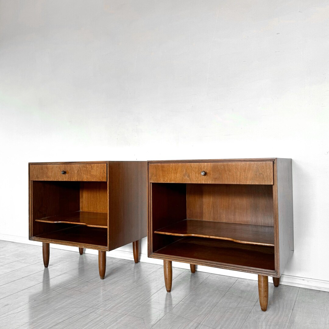 MCM Pair of Walnut Nightstands John Stuart Mid Century Modern Wood End ...