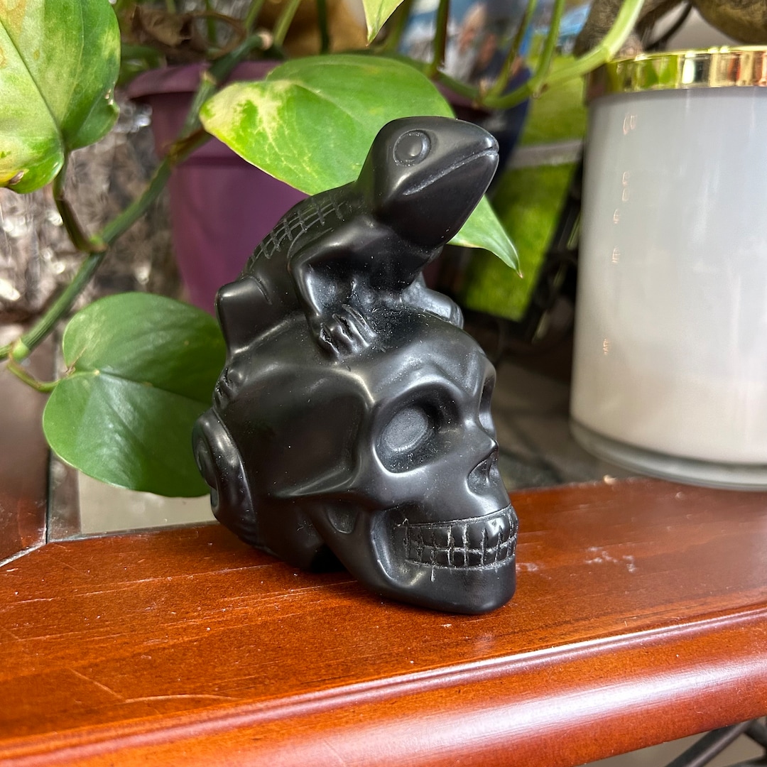 Obsidian Skull With Lizard Crystal, Gemstone Crystal, Meditation ...