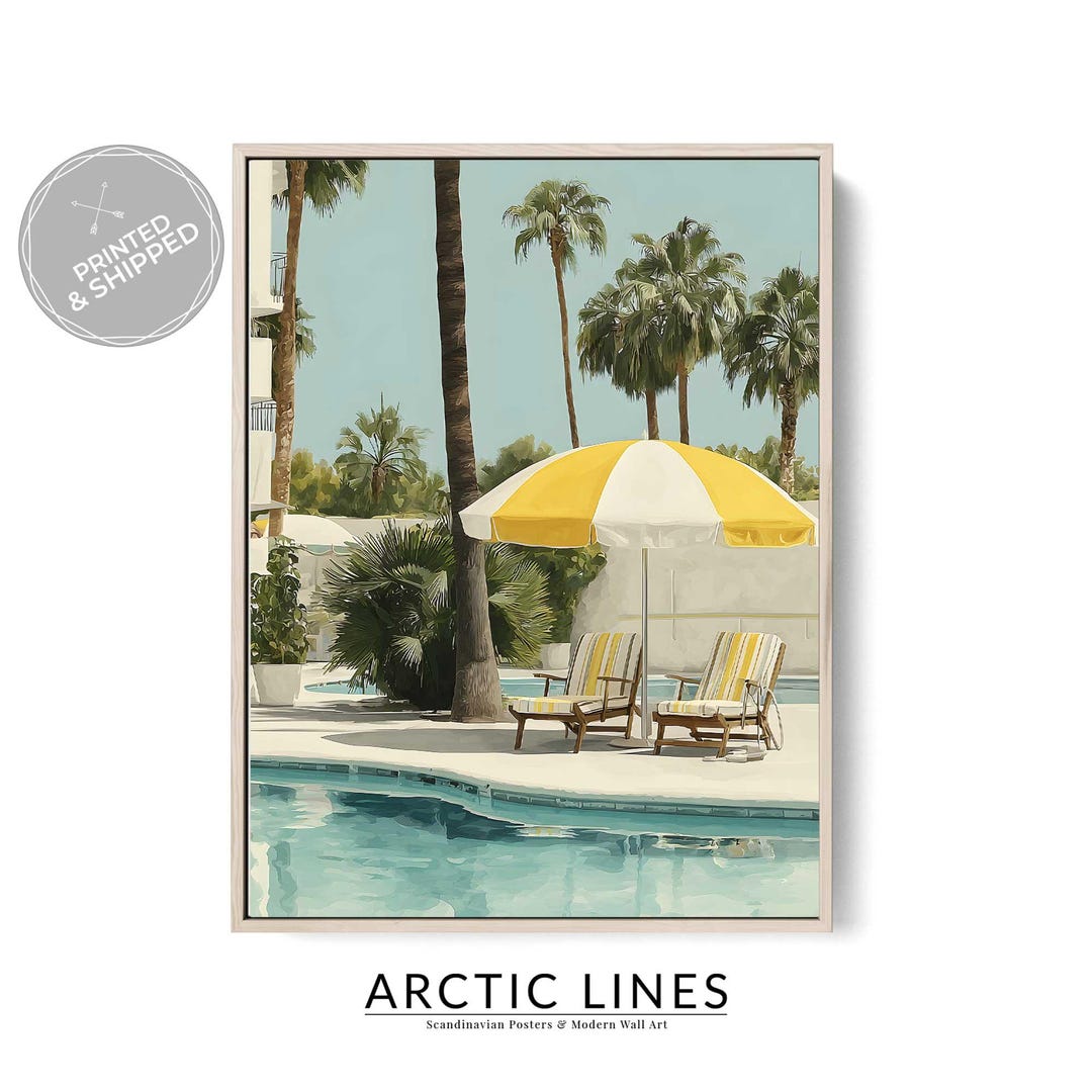 Palm Tree Poolside Wall Art Print, Mid Century Resort Illustration ...
