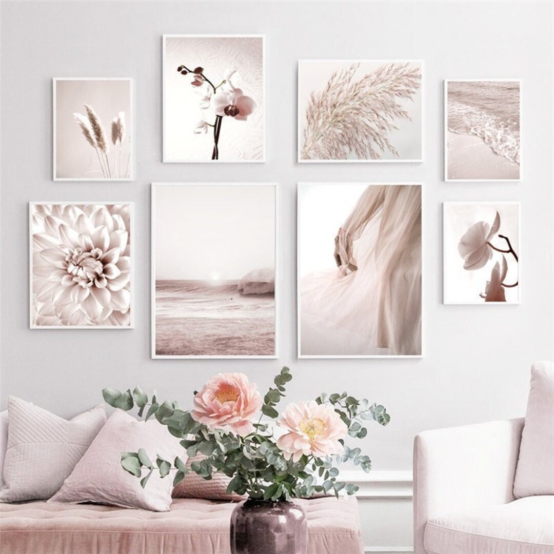 Pink Flower Grass Landscape Poster Canvas Painting Wall Art - Etsy