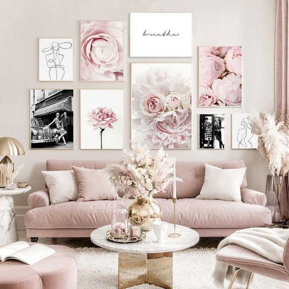 Line Art Pink Flower Black White Poster Nordic Home Decor Wall Art Canvas Painting Europe Vintage Abstract Figure Print Living Room Decor Etsy
