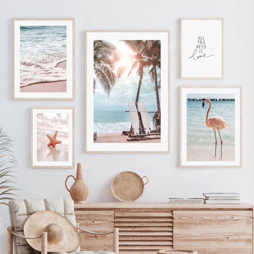 Pink Seaside Poster Scenery Picture Wall Art Canvas Painting Coconut ...