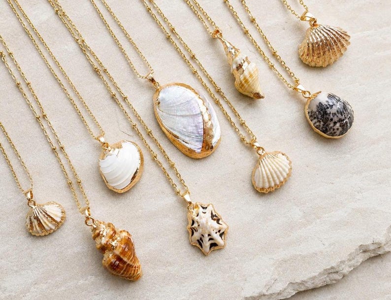 Natural Shell Pendant Necklace, Gold Tone Seashell Necklace, Minimalist ...