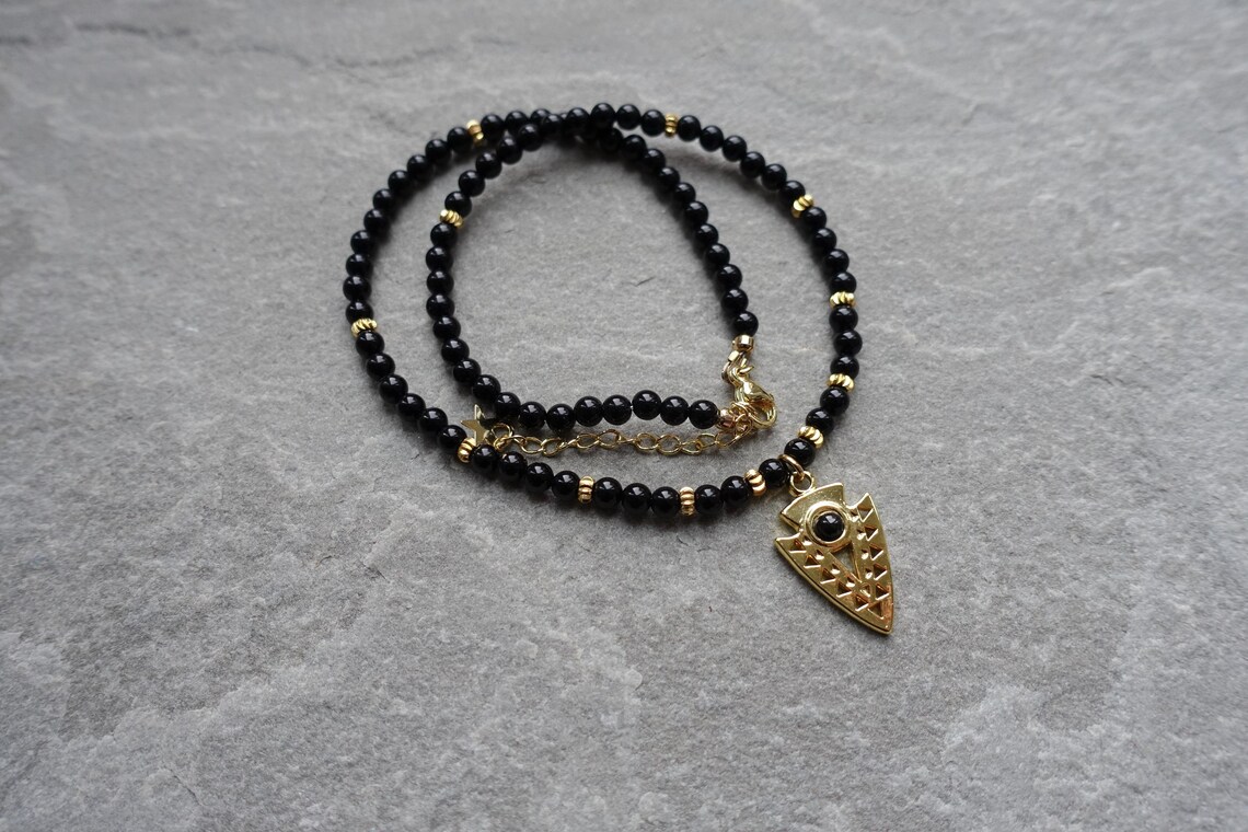 Black Onyx Crystal Arrowhead Beaded Necklace – Natural Gemstone Beads ...