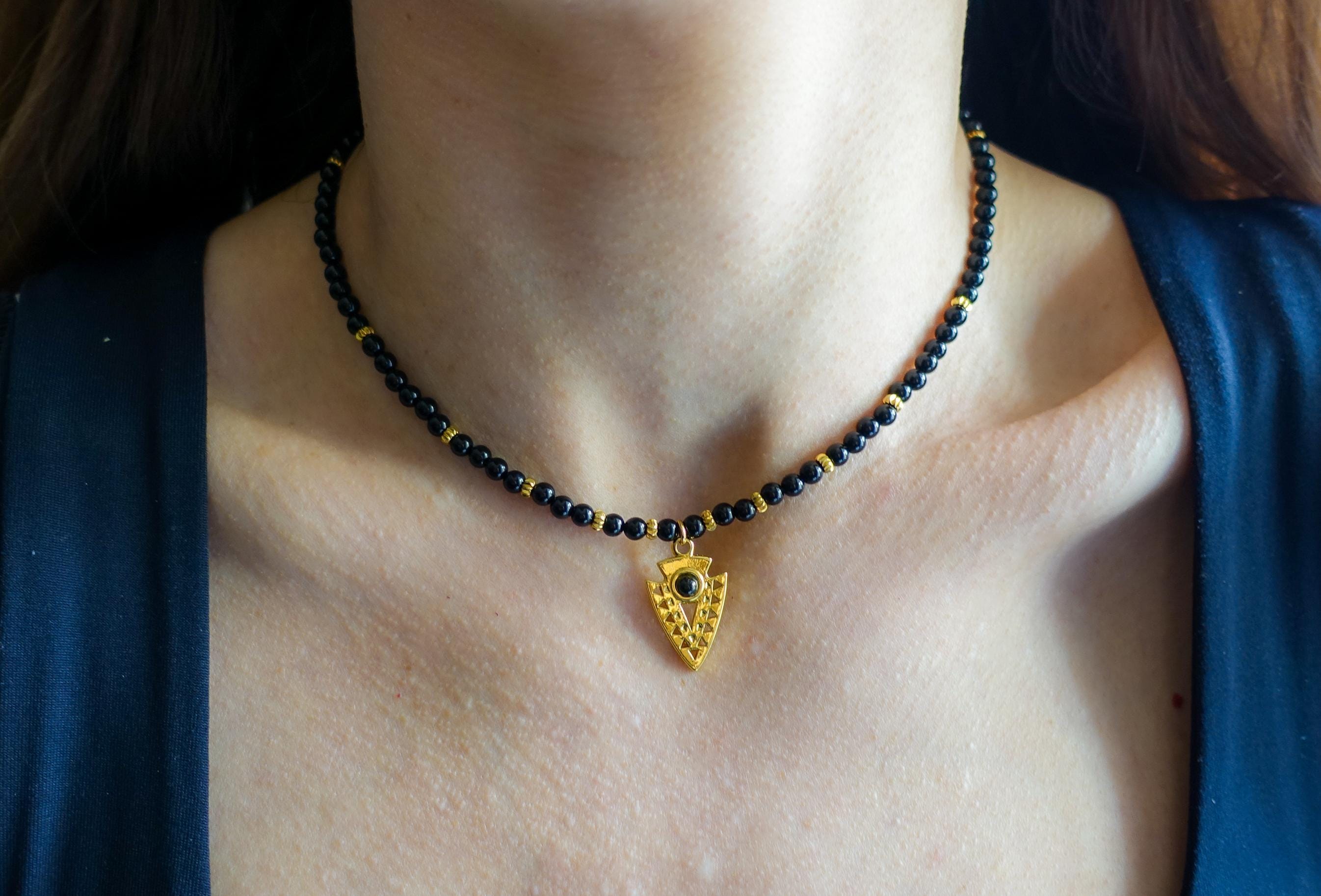 Black Onyx Crystal Arrowhead Beaded Necklace – Natural Gemstone Beads ...