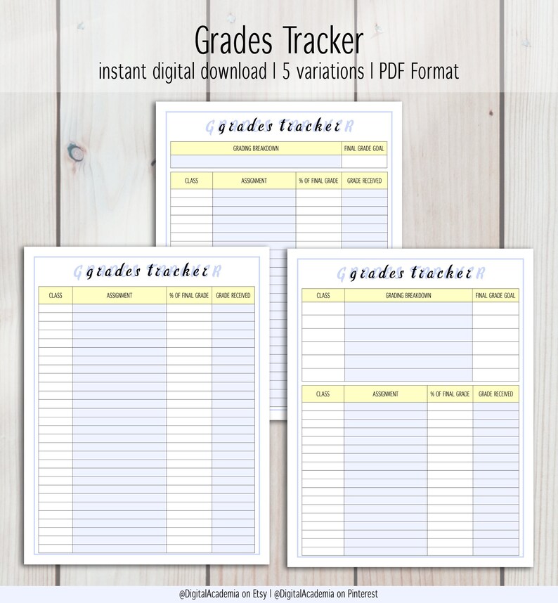 Grades Tracker | Student Planner Printable | 5 Variations | Digital ...