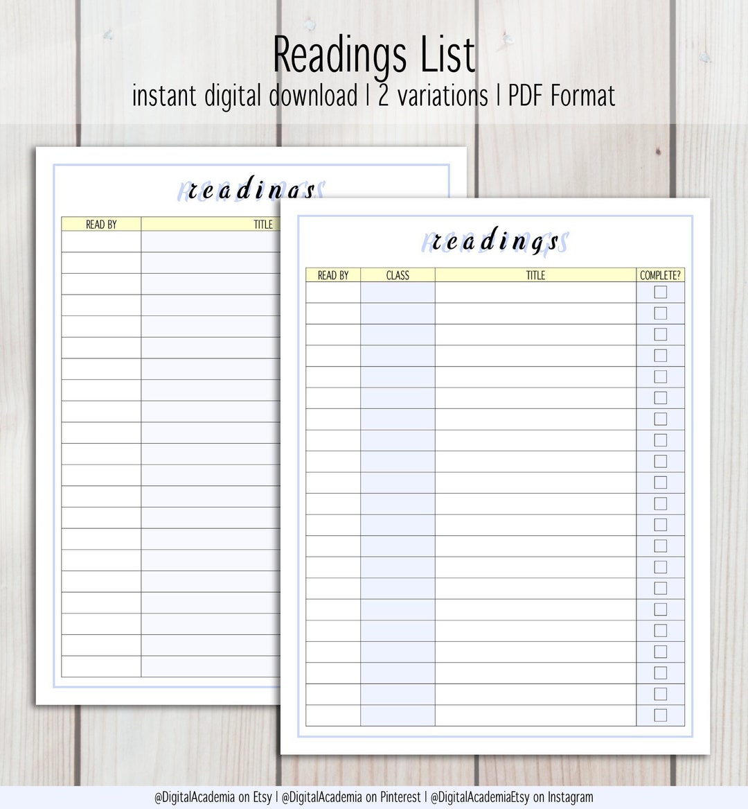Readings List | Student Planner Printable | PDF Format | 2 Variations ...