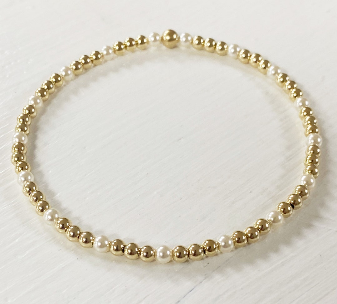 Dainty 2mm Gold & Pearl Stack Bracelet..real 14kt Gold Filled 2nd Only ...