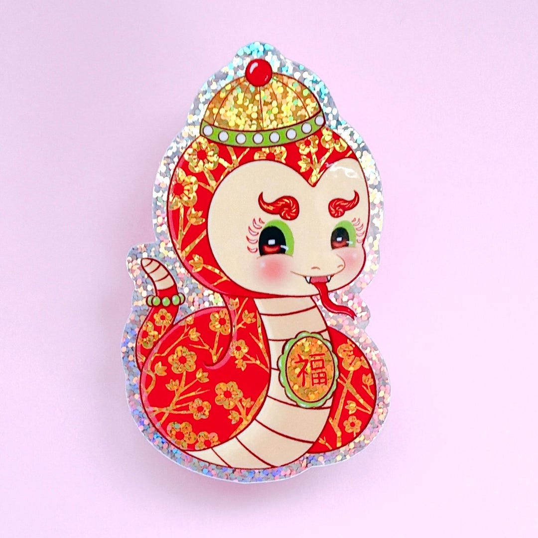 Year of the Snake Sticker, Kitsch, Kawaii, Chinese New Year, Sparkly ...