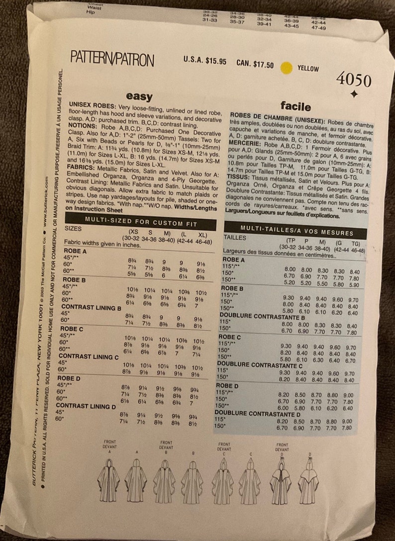 Rare Butterick 4050 Unisex Sewing Pattern. Unisex Robes. Cape, Hood ...